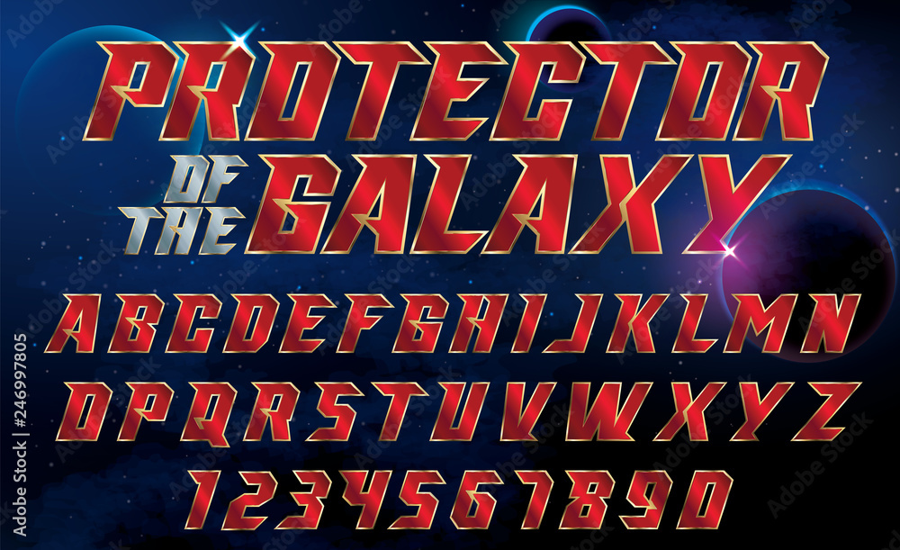 SuperHero font. Metallic effect letters and numbers on an universe ...