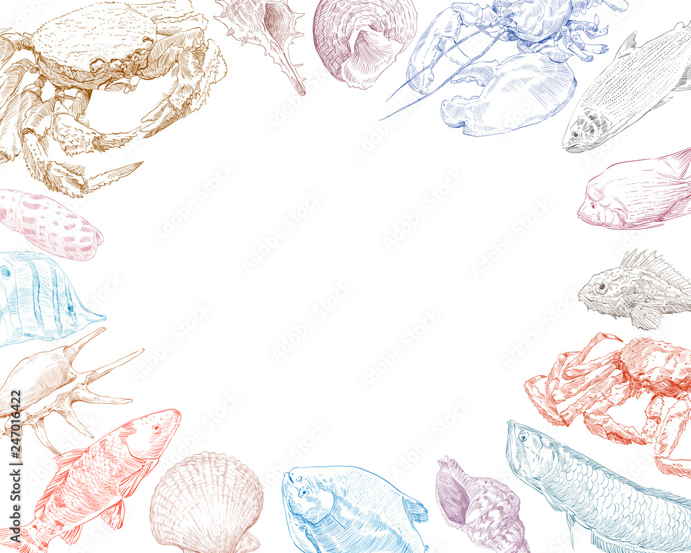 Seafood, fish and crabs backgrounds. Restaurant and cafe menu hand ...