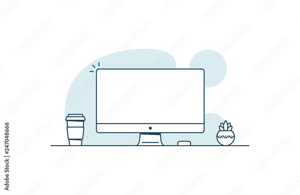 Personal computer with blank screen. Workspace with computer, coffee ...