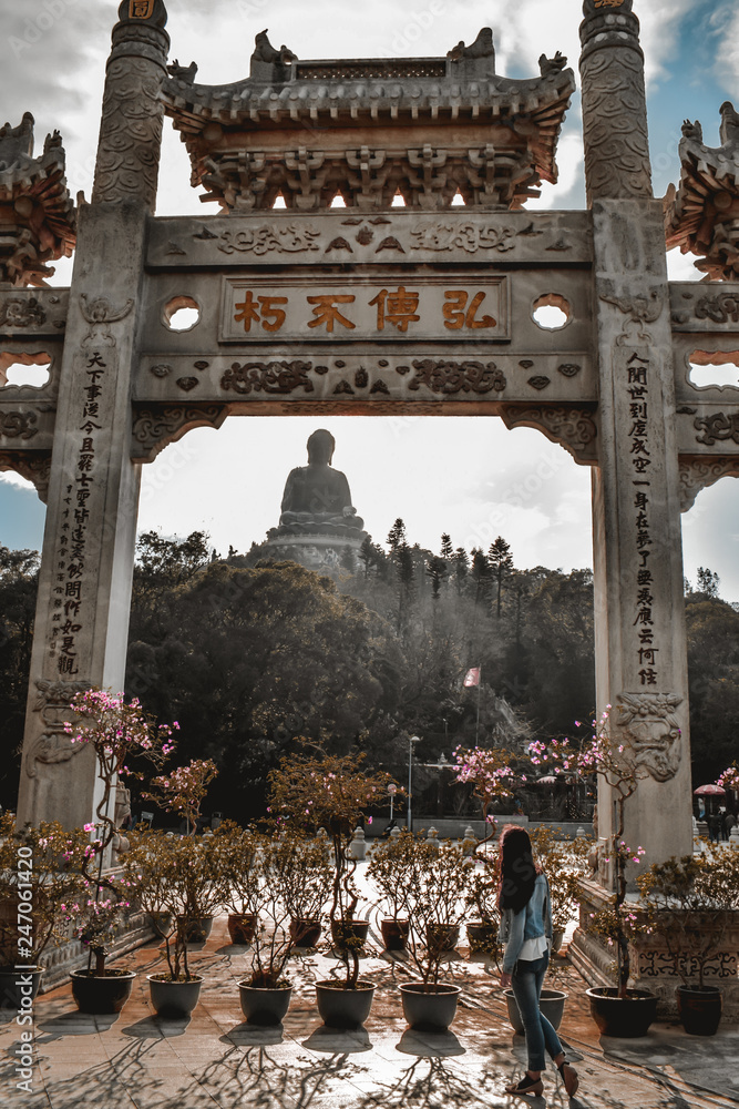 Tourist girl observing the Tian Tan Buddha at the Lantau Island in Hong ...