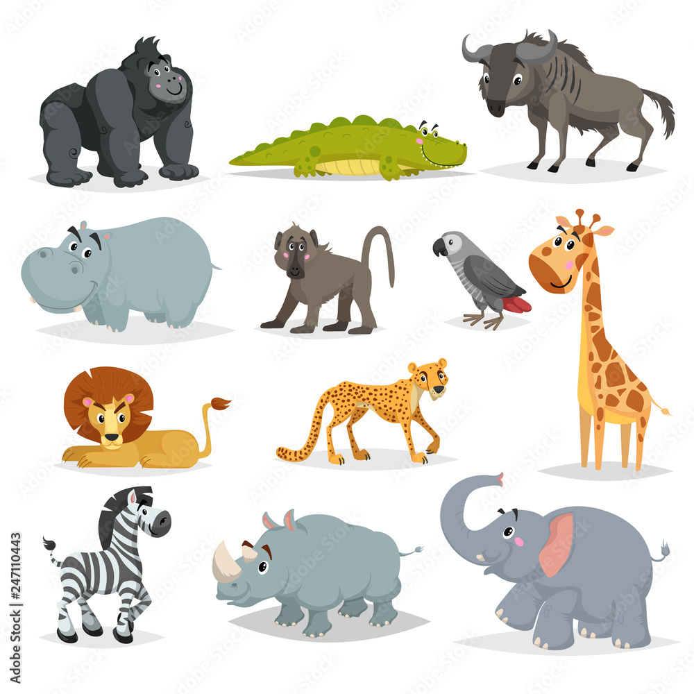 Vektor Cute cartoon African animals set. Gorilla ape, crocodile ...