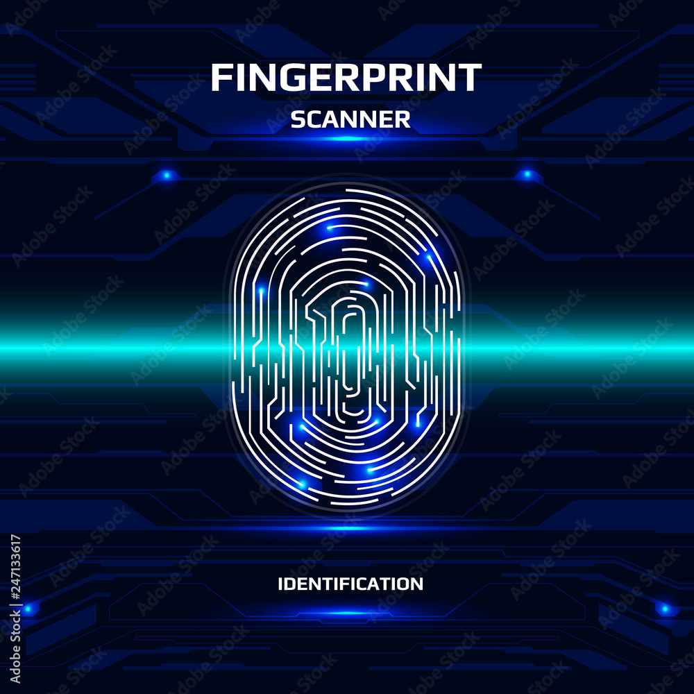 Futuristic Fingerprint Light Blue Scanner Identification Protection Dashboard. HUD Blue UI ...