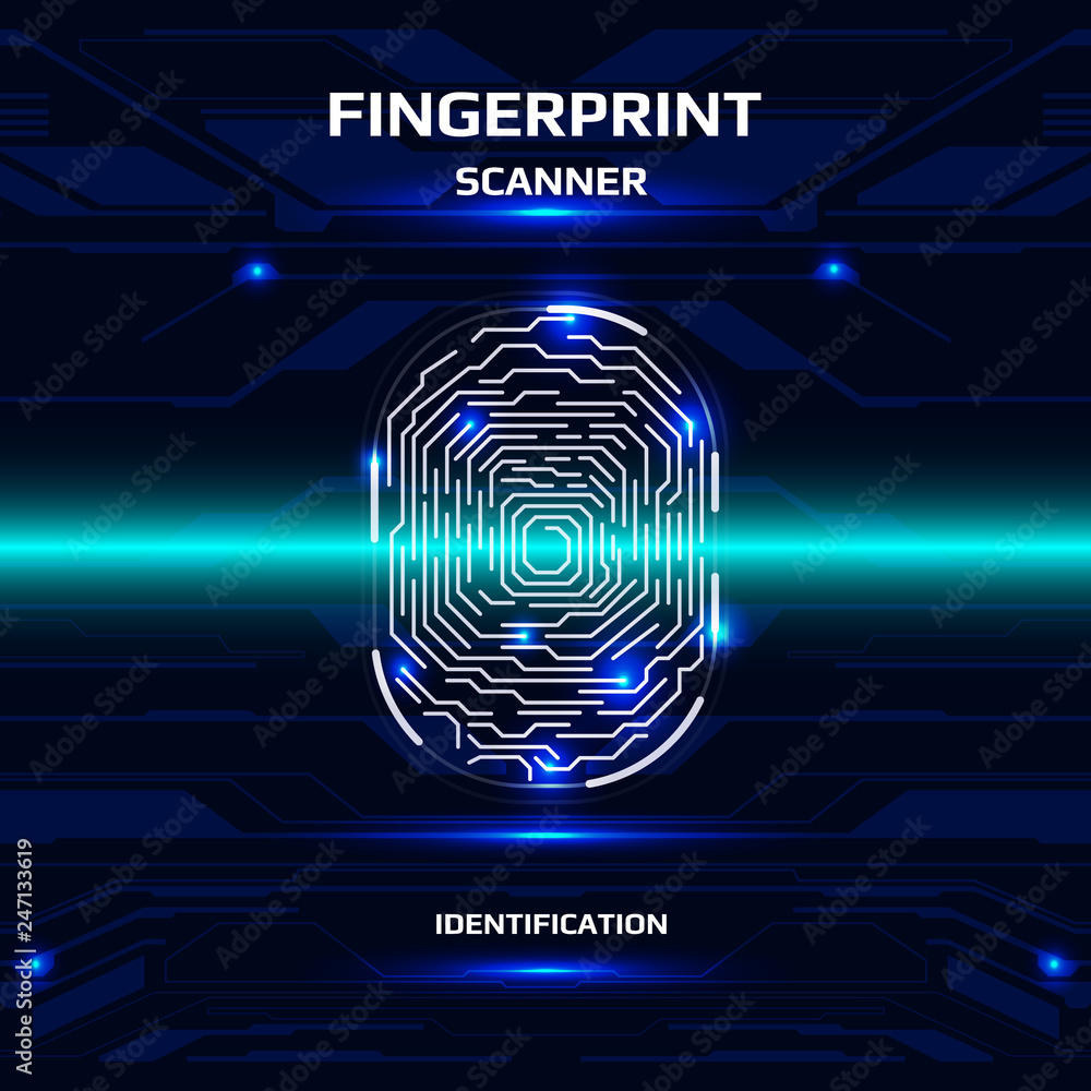 Futuristic Fingerprint Light Blue Scanner Identification Protection Dashboard. HUD Blue UI ...