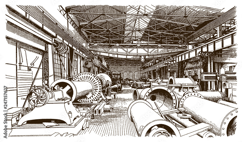 Industrial Revolution: Interior view of a historical machine shop or ...