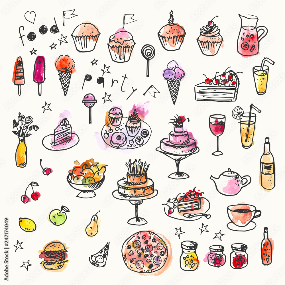 Hand drawn ink and watercolor stain doodle food set. Design elements ...