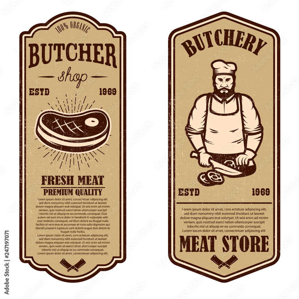 Set of vintage butchery and meat store flyers. Design element for logo ...