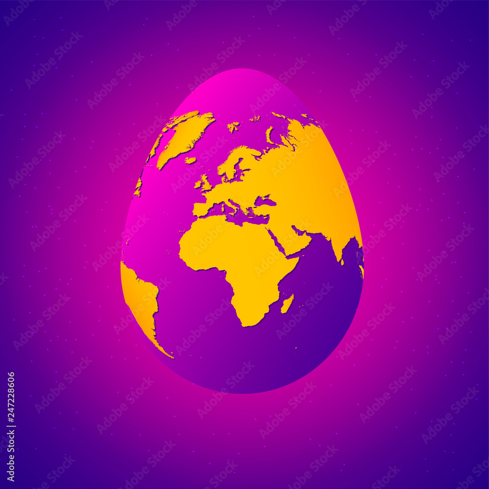 Easter egg with yellow world map. Planet Earth in form of egg on bright ...