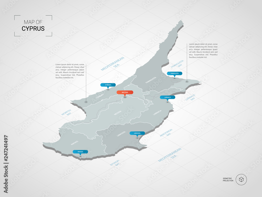 Isometric 3D Cyprus map. Stylized vector map illustration with cities ...