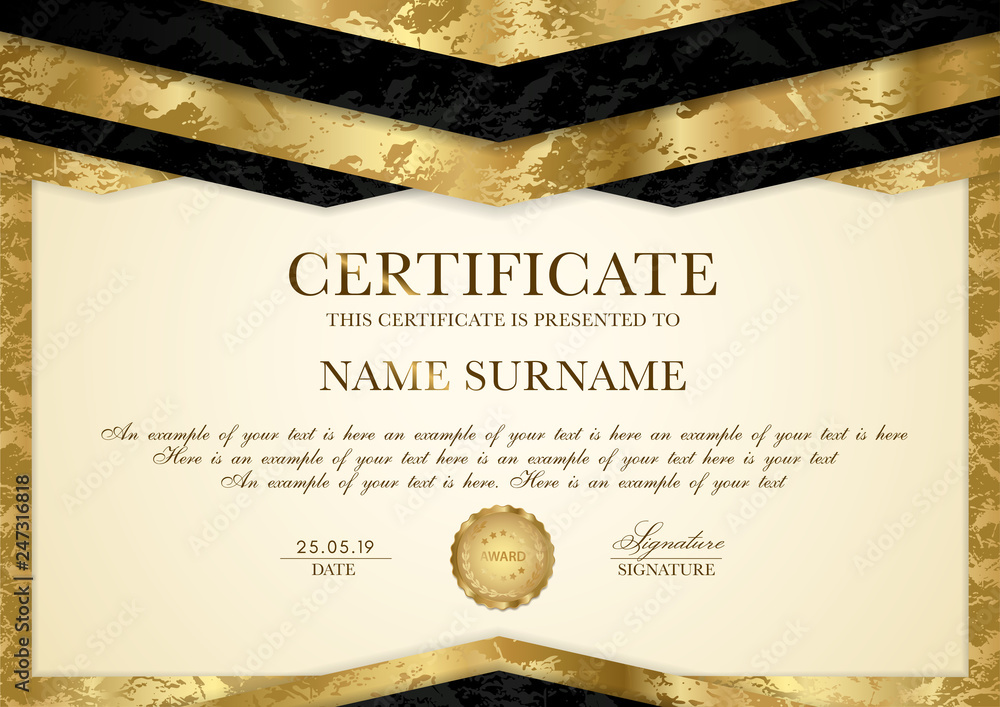 Certificate template with geometry frame and gold badge. Gold ...