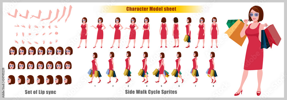 Стоковое векторное изображение «Character Model sheet with walk cycle ...
