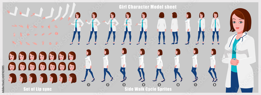 Character Model sheet with walk cycle animation sprites and lip syncing ...