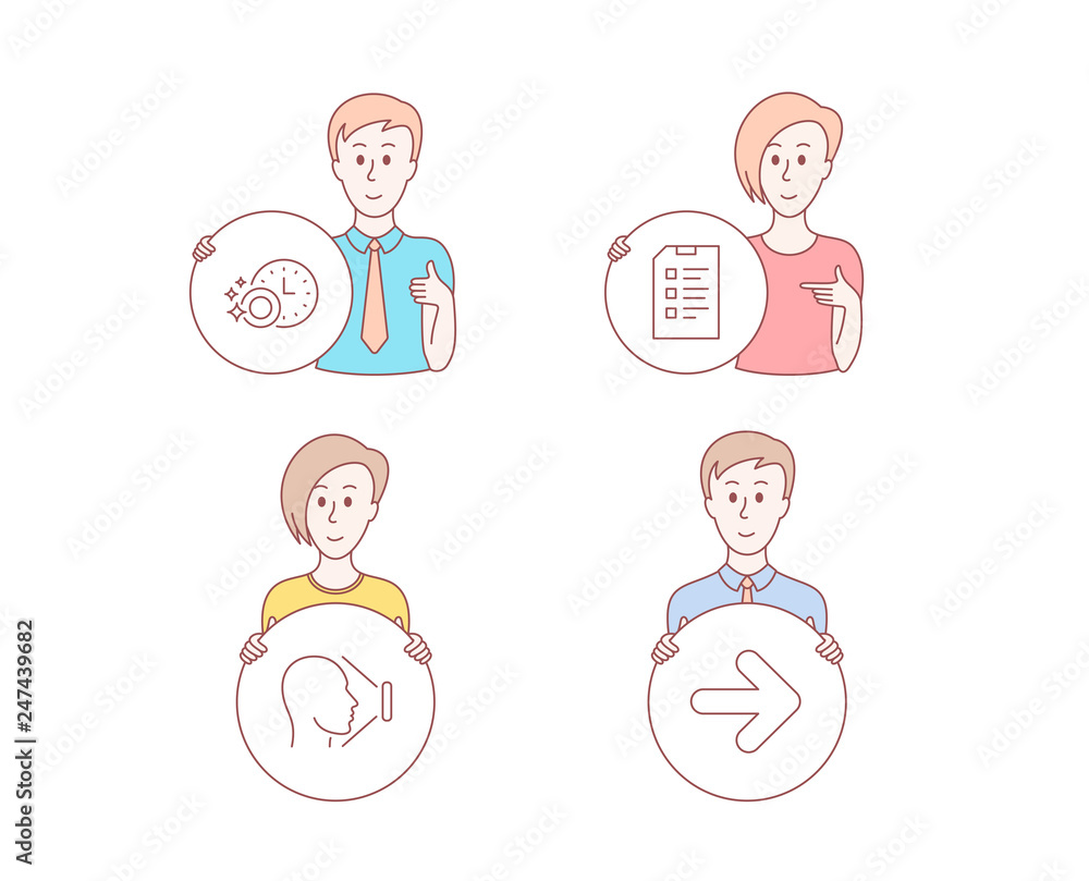 People hand drawn style. Set of Checklist, Face id and Dishwasher timer ...