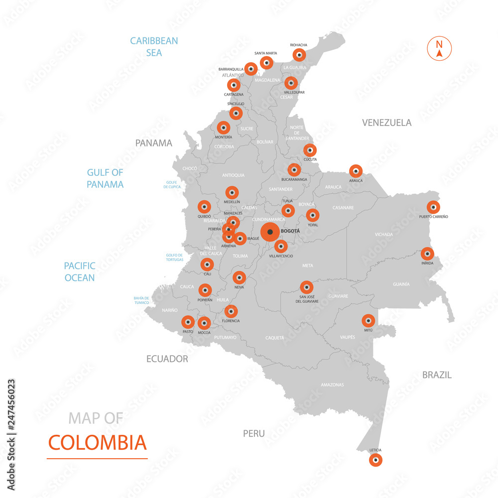 Stylized vector Colombia map showing big cities, capital Bogota ...