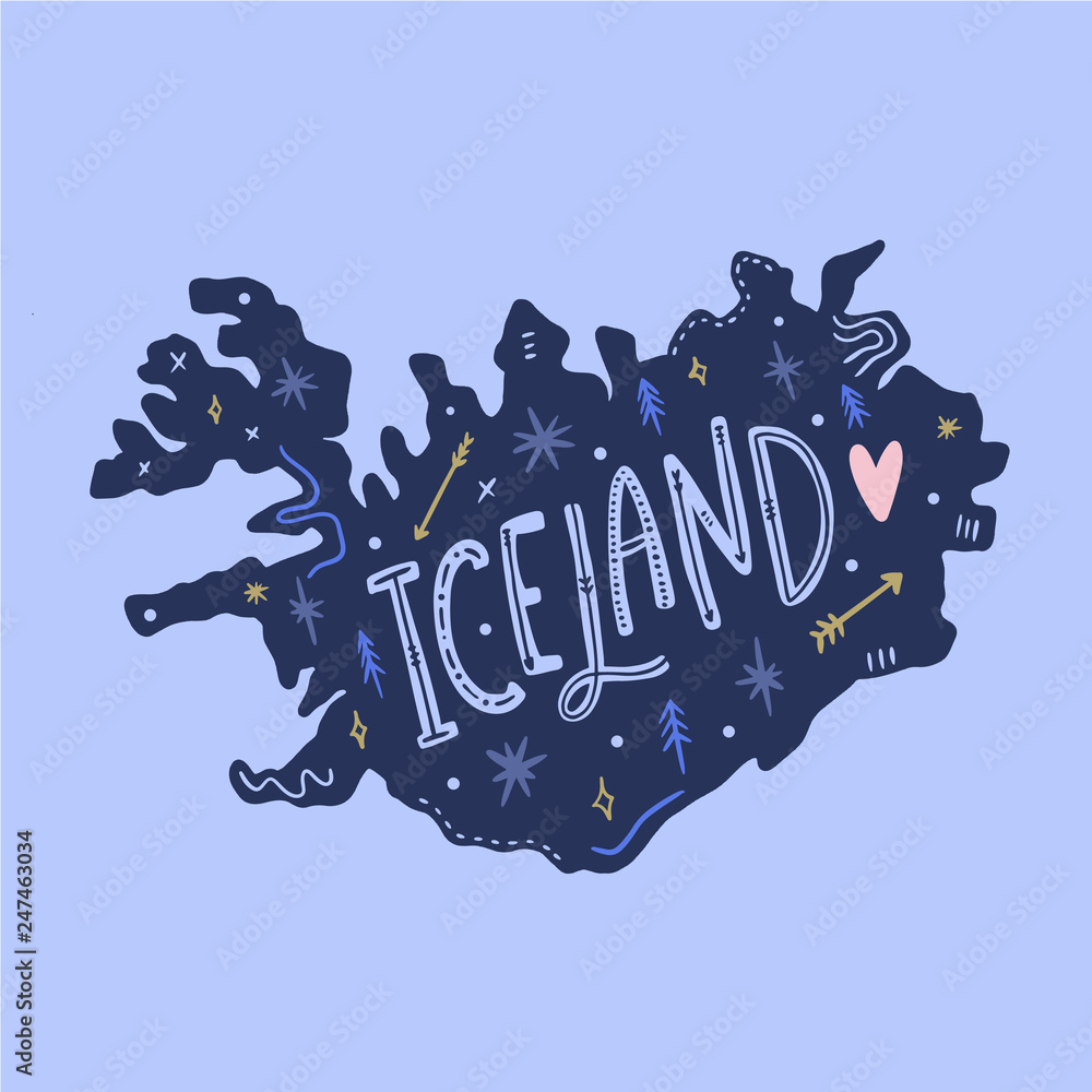 Vector hand drawn cartoon doodle map of Iceland. Illustration with ...