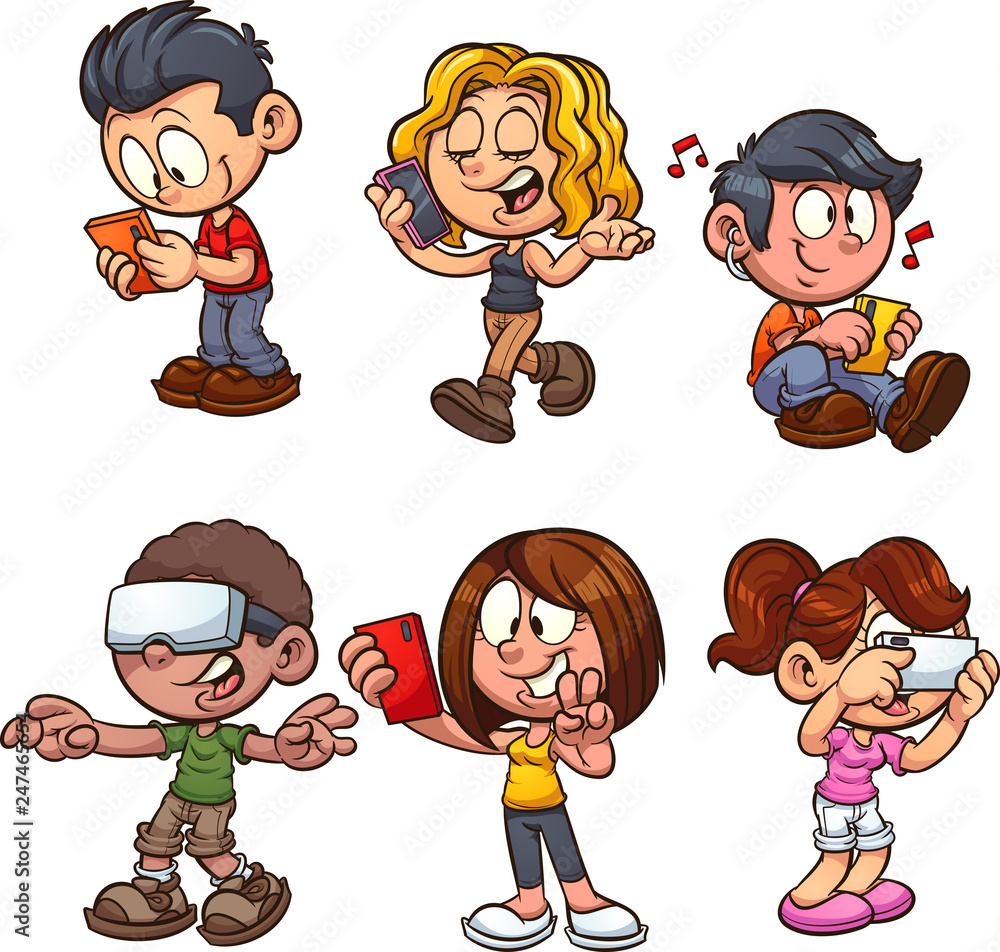 Cartoon kids using smartphones clip art. Vector illustration with ...