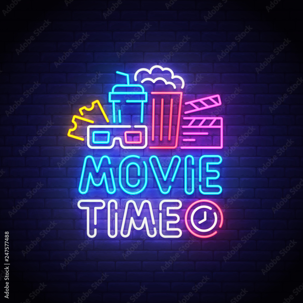 Cinema neon sign, bright signboard, light banner. Movie Time logo neon ...