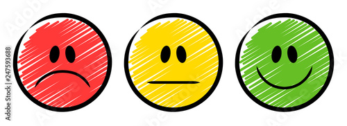 3 Ampel-Smileys in rot, gelb und grün – traurig, neutral und lächelnd ...