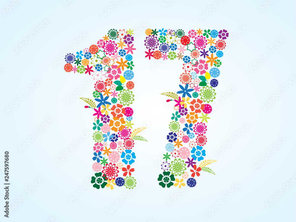 Vector Colorful Floral 17 Number Design Isolated On White Background