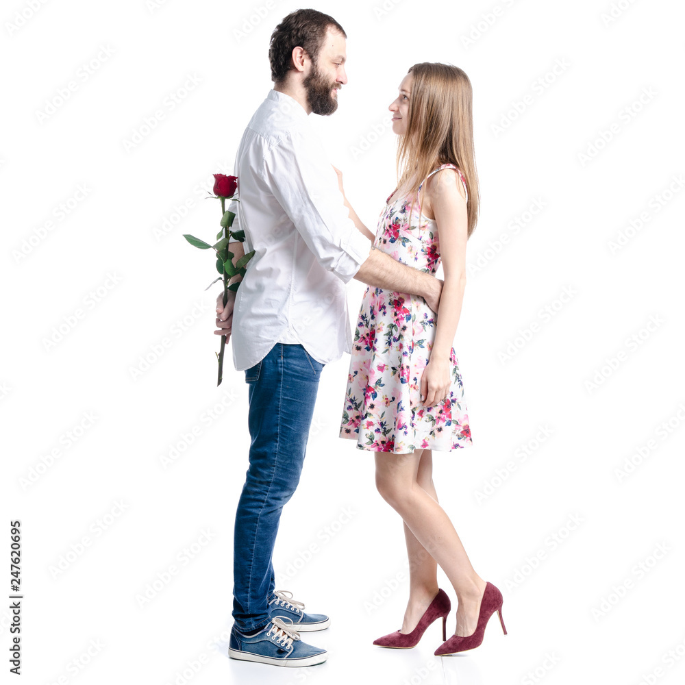 Man with woman young couple flower rose in hand kissing hug on white ...