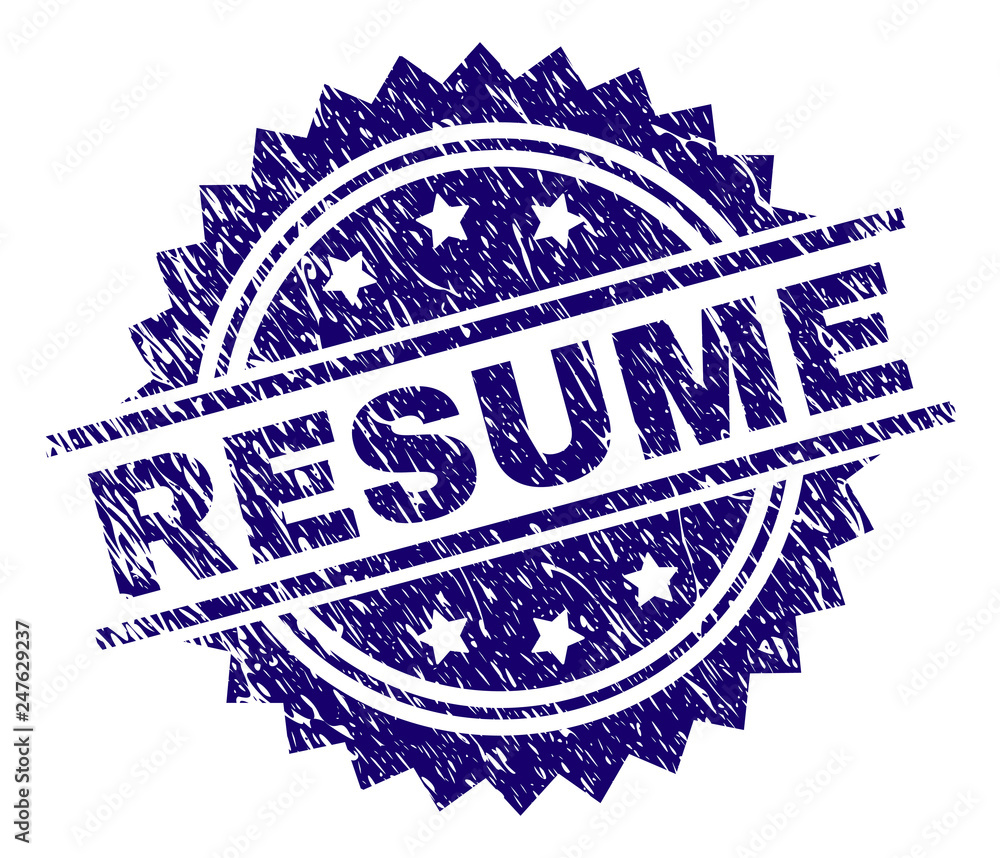 RESUME stamp seal watermark with distress style. Blue vector rubber ...