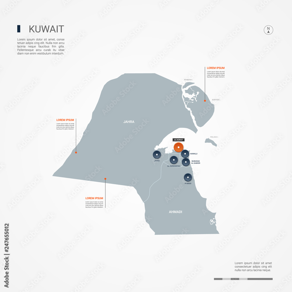 Kuwait map with borders, cities, capital and administrative divisions ...