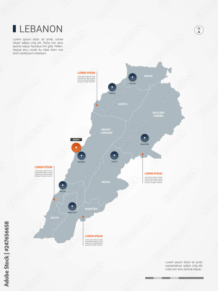 Lebanon map with borders, cities, capital and administrative divisions ...