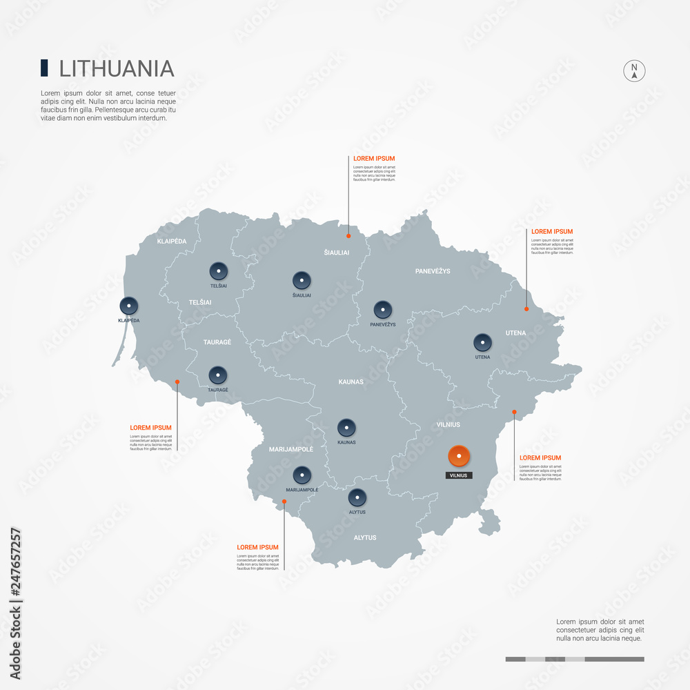 Lithuania map with borders, cities, capital and administrative ...