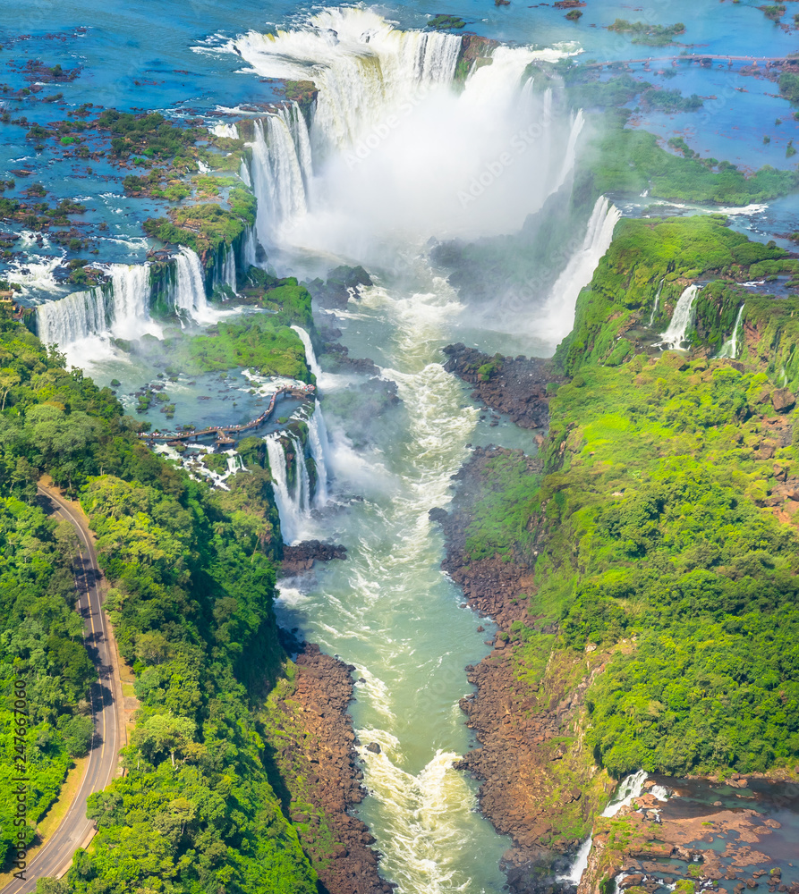Beautiful aerial view of Iguazu Falls from the helicopter ride, one of ...