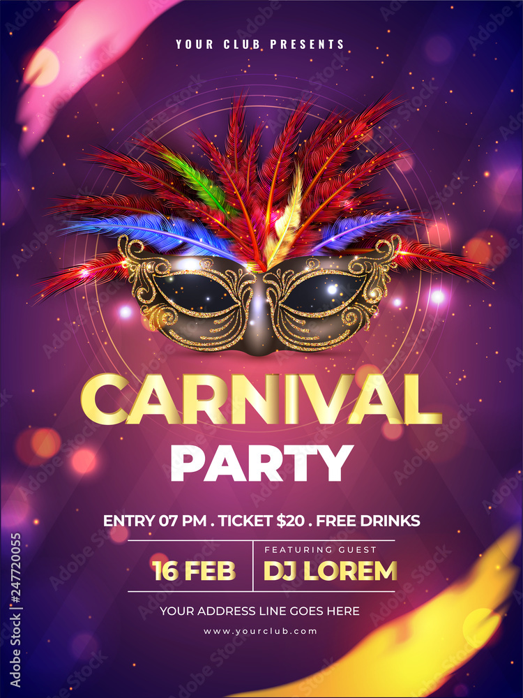 Carnival party template or flyer design with realistic party mask on ...