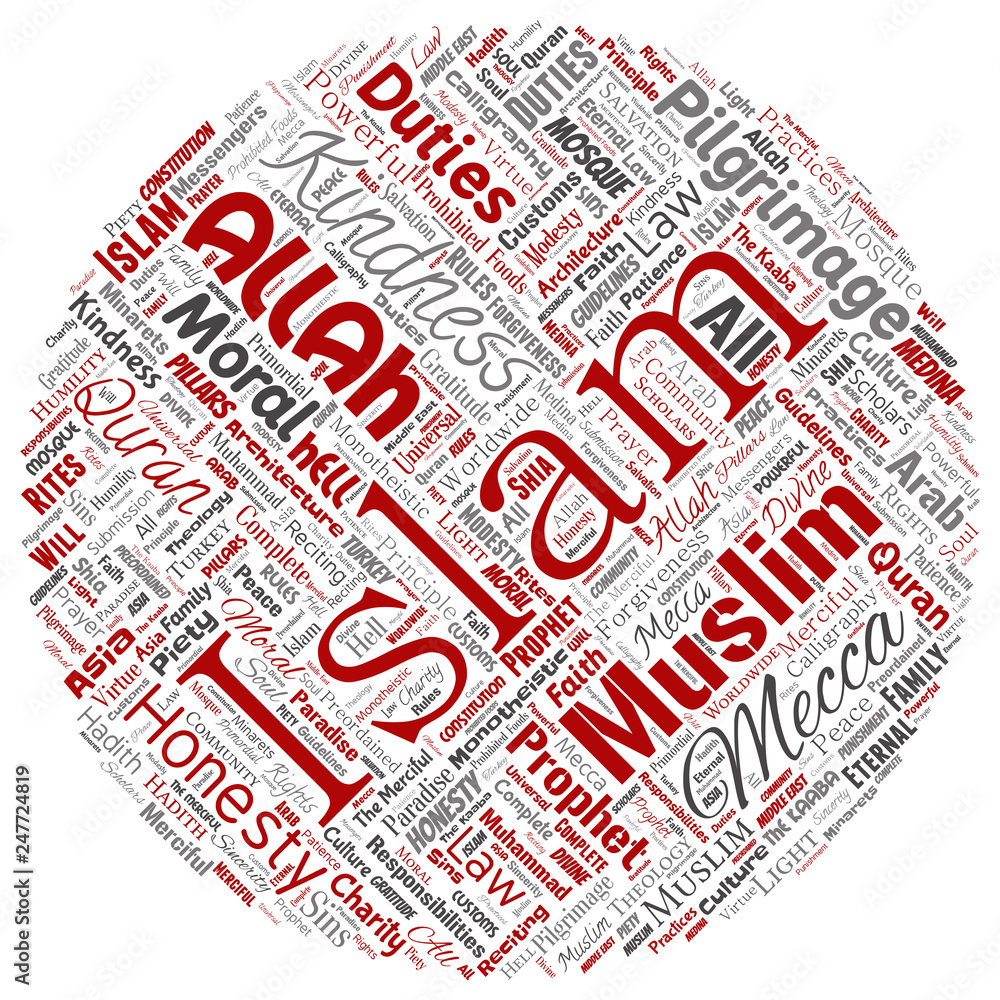 Vector conceptual islam, prophet, mosque round circle red word cloud ...