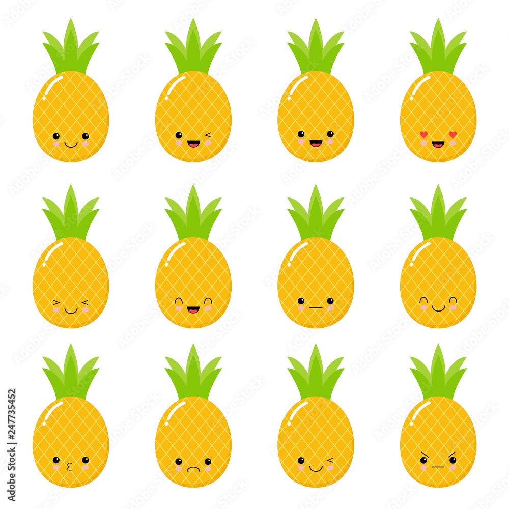 Kawaii pineapple. Emoticon vector illustration. Emoticon set. Emoticon ...