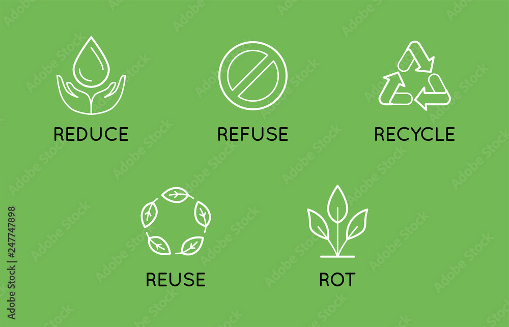 Vector set of linear simple icons - zero waste concept - 5 principles ...