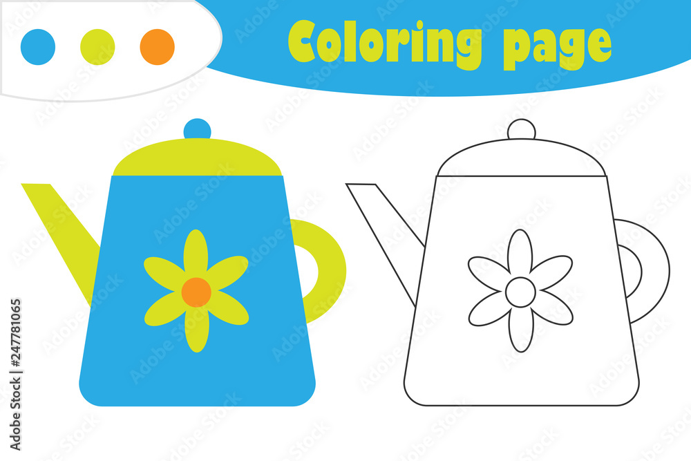 Kettle in cartoon style, coloring page, education paper game for the ...