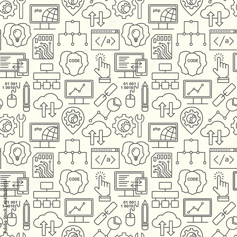 Seamless Internet technology and programming pattern with linear icons. Line style html, php and ...