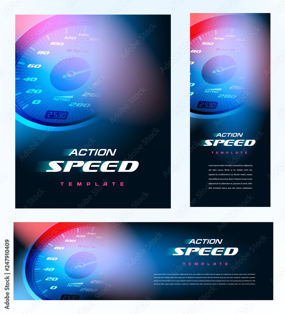 Speedometer cover design. Car speed action theme. Set flyer, banner ...