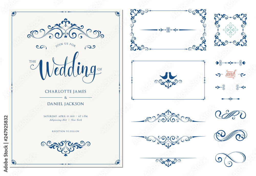 Ornate wedding invitation. Calligraphic vintage elements, dividers and ...