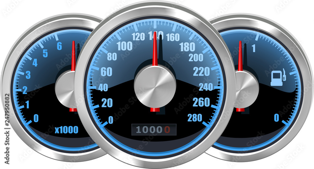 Set of isolated dashboard speedometers. Realistic sensor panel with ...