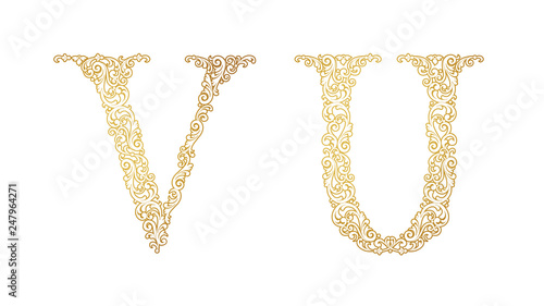 Gold font type letters V, U, uppercase. Vector baroque element of ...
