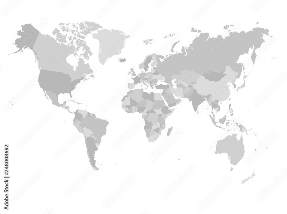World map in four shades of grey on white background. High detail ...