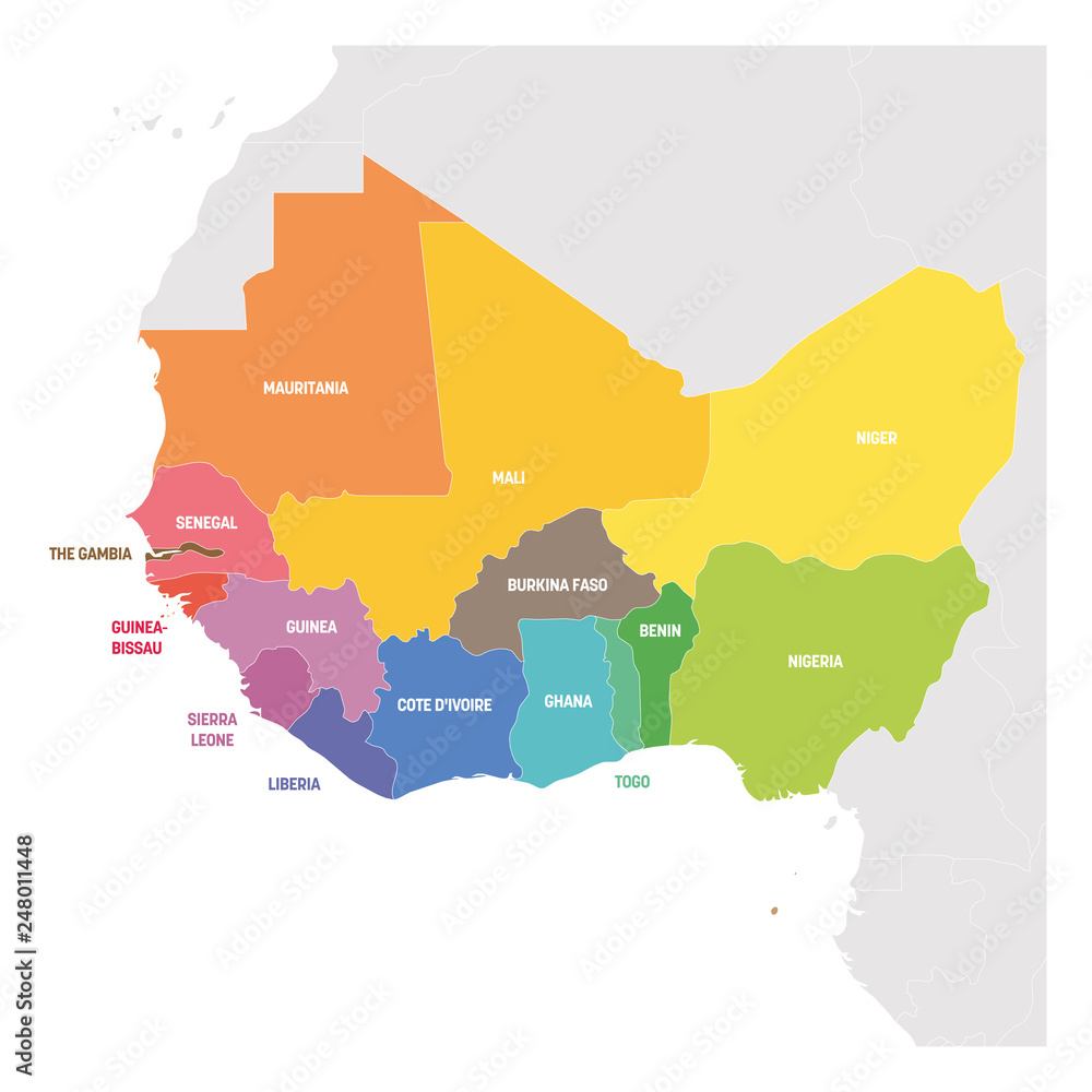 West Africa Region. Colorful map of countries in western Africa. Vector ...