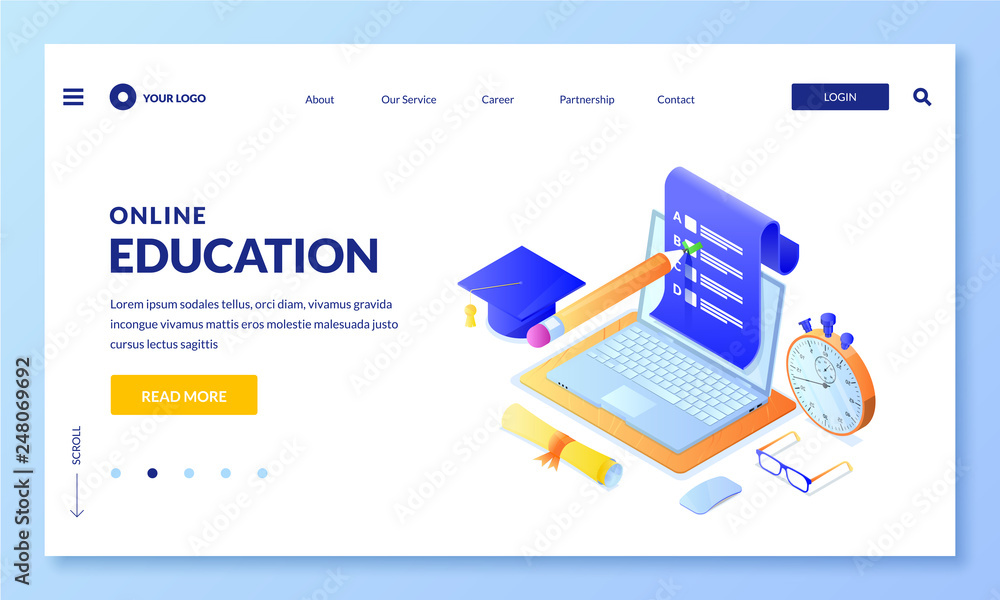 Online exam test vector 3d isometric illustration. Landing page banner ...