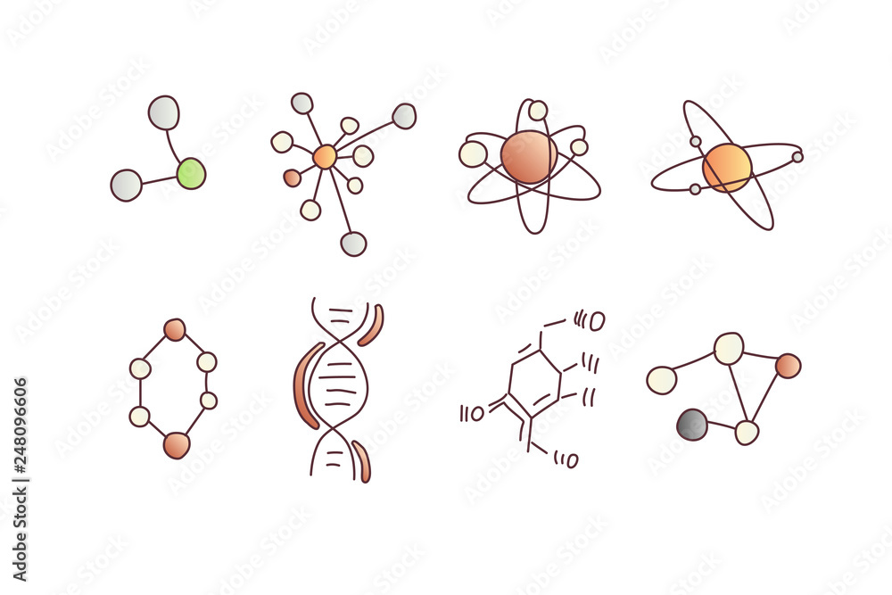 เวกเตอร์ Stock Cute cartoon molecule and atom icon set. Atomic and ...