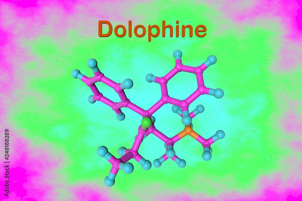 Molecular structure of dolophine or methadone. Atoms are represented as ...