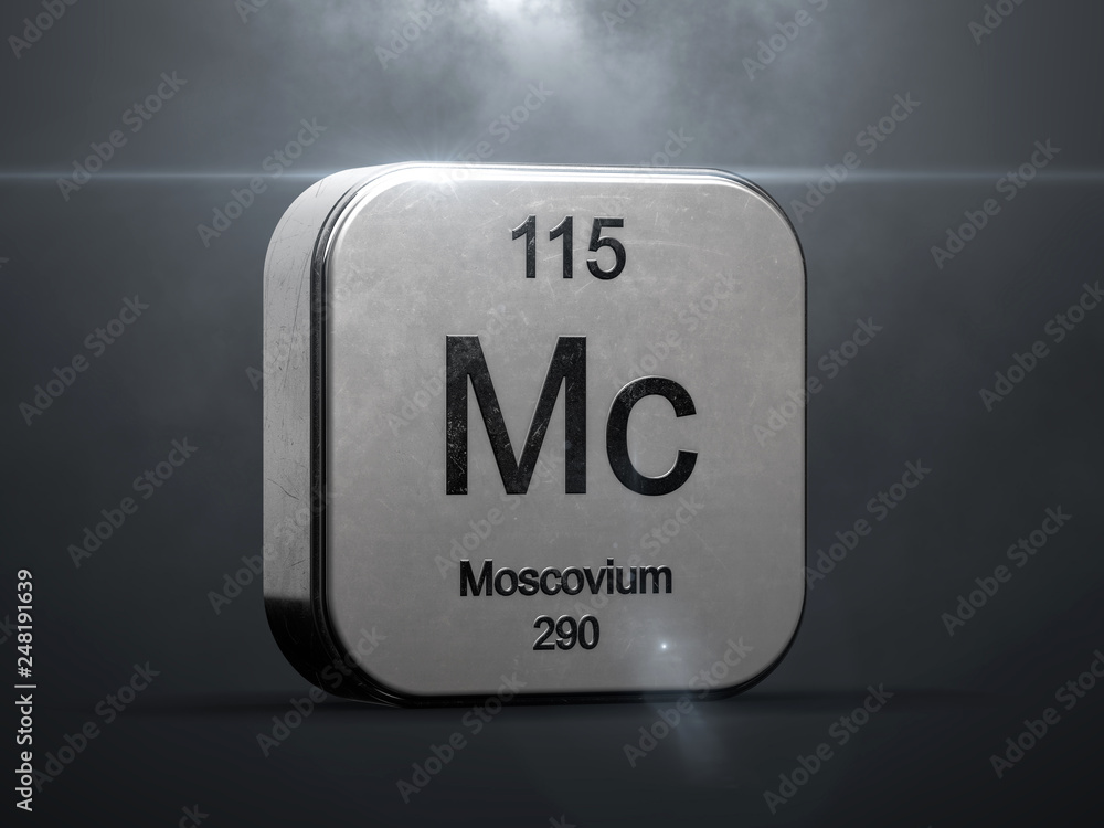 Moscovium element 115 from the periodic table. Metallic futuristic icon ...