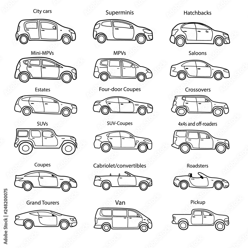Big set of car body types with text. Simple black outline car icon for ...
