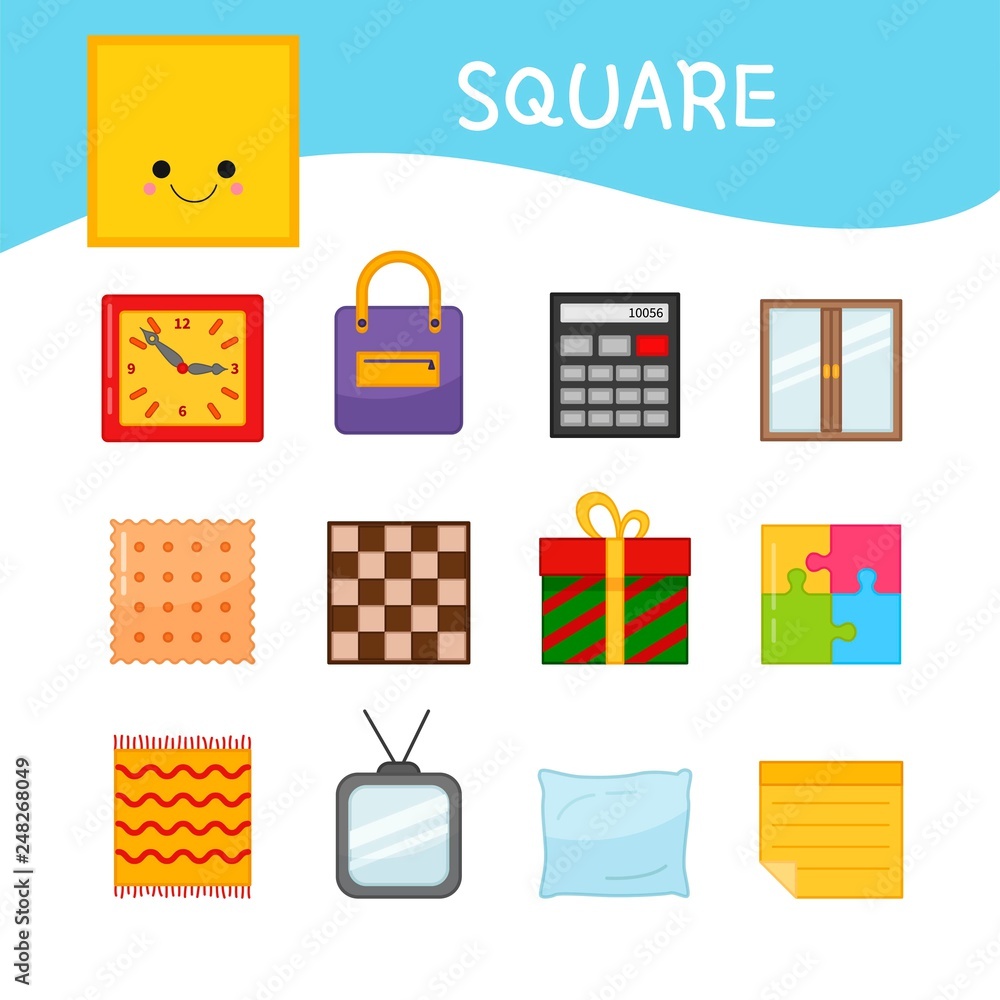 Materials for kids learning forms. A set of square shaped objects Stock ...