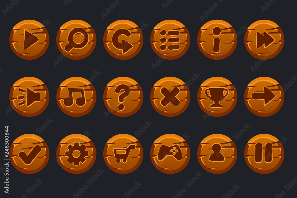 Vector game ui kit. Set of cartoon wooden circles buttons for graphical user interface GUI and ...