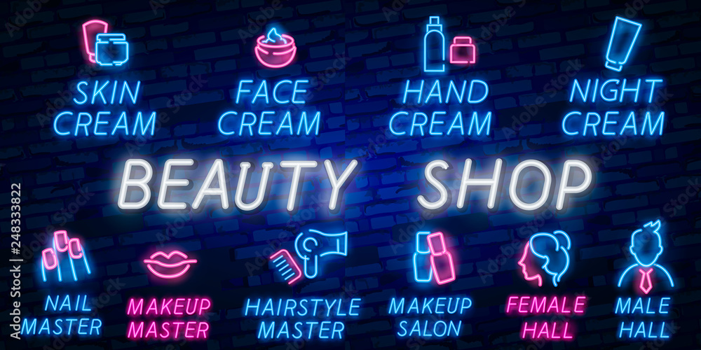 Vector realistic isolated neon sign of Beauty Shop logo with lipstick ...