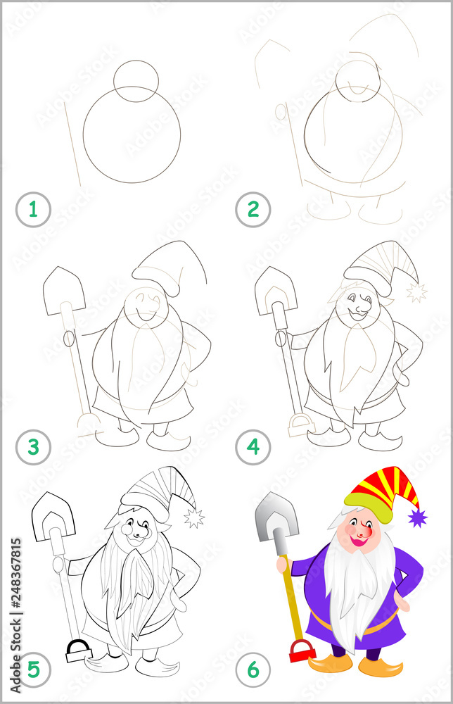 Page shows how to learn step by step to draw cute gnome. Developing ...