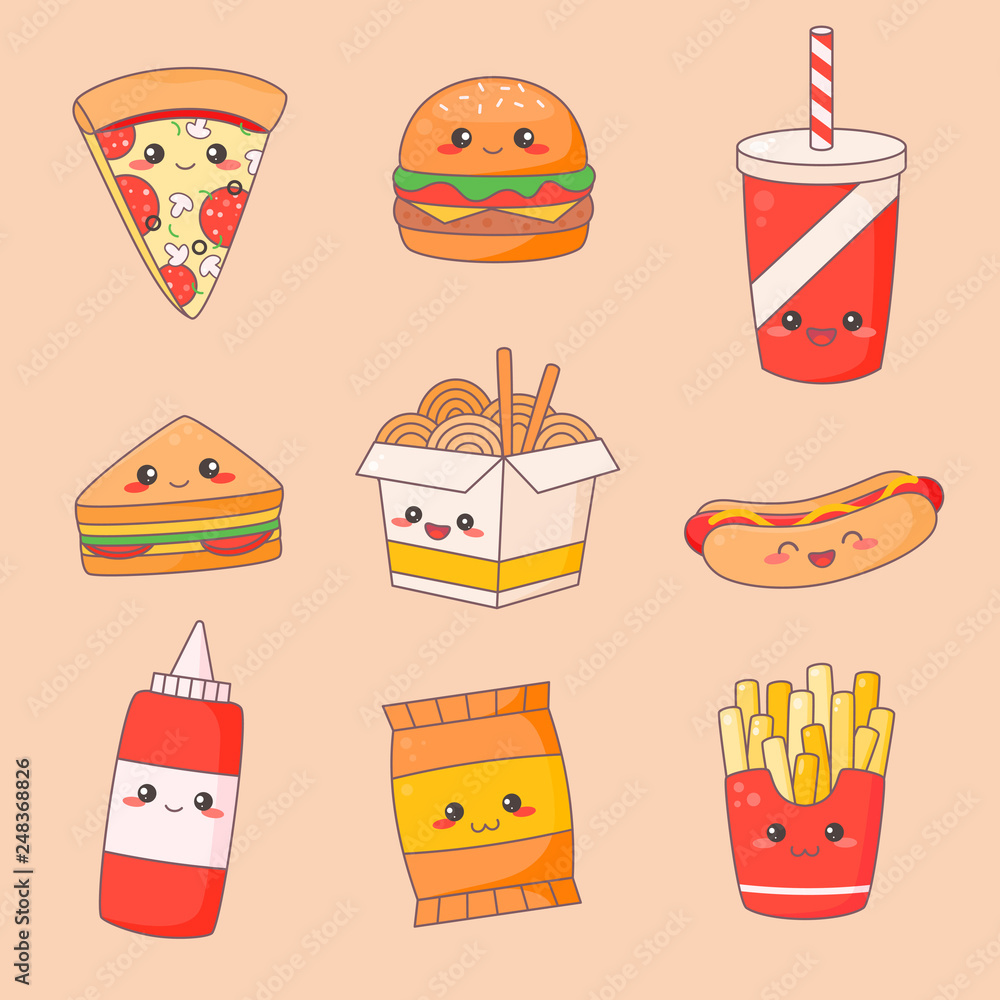 Fast Food Junk Kawaii Cute Face Set. Hamburger and Hotdog Manga ...